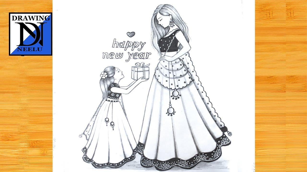 A traditional Mom and daughter celebrate New Year || Pencil sketch for ...