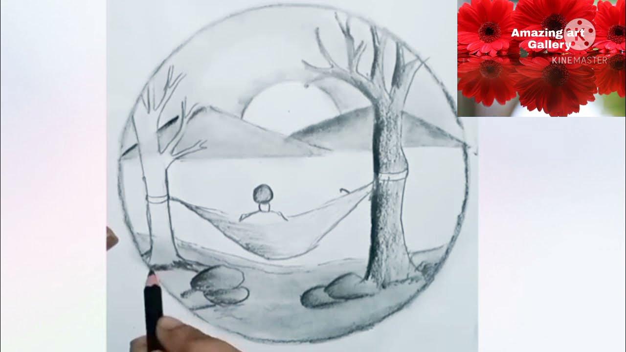 how to draw beautiful mountain landsccape scenery in circle for ...