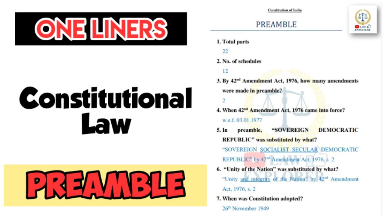 Constitutional Law || Preamble || One Liners || LAW EXPLORER - YouTube