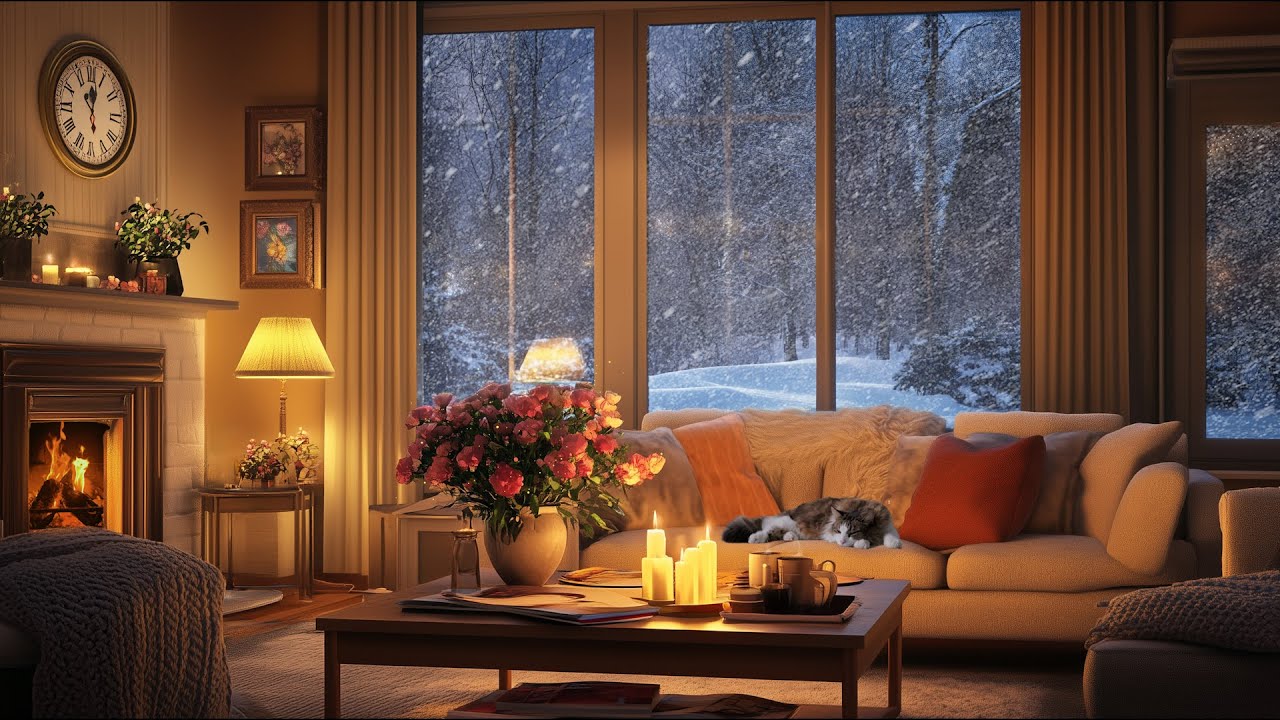 Snowy Winter Night on a Cozy Porch ⛄ Warm Fireplace Sounds & Peaceful ...