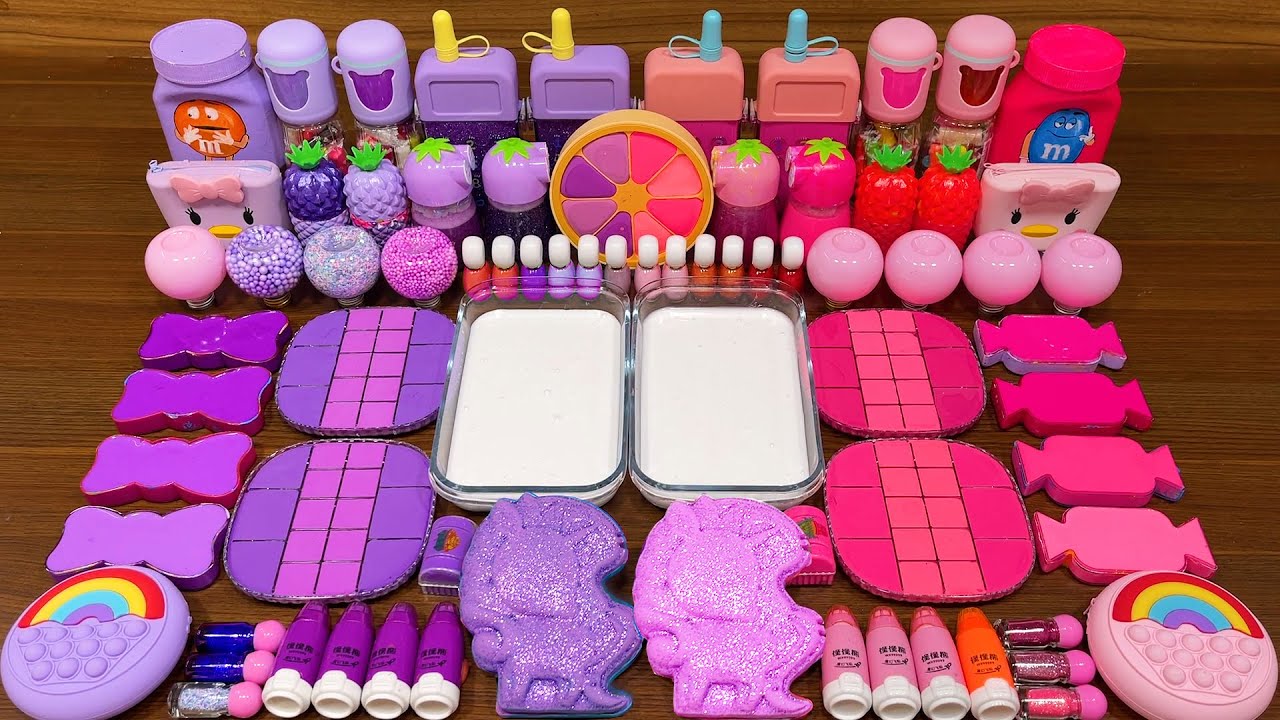 PURPLE vs PINK !!! Mixing random into GLOSSY slime !!!Satisfying Slime ...