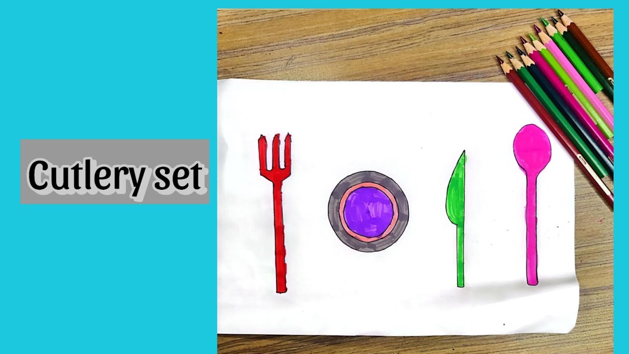 How to draw cutlery set easily || Plate spoon fork knife 🍽️ combination ...
