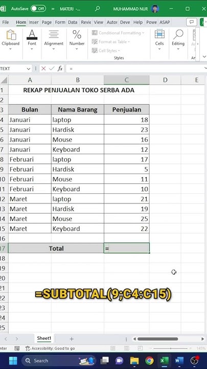 Cara Menjumlahkan data menggunakan SUBTOTAL di Excel - YouTube