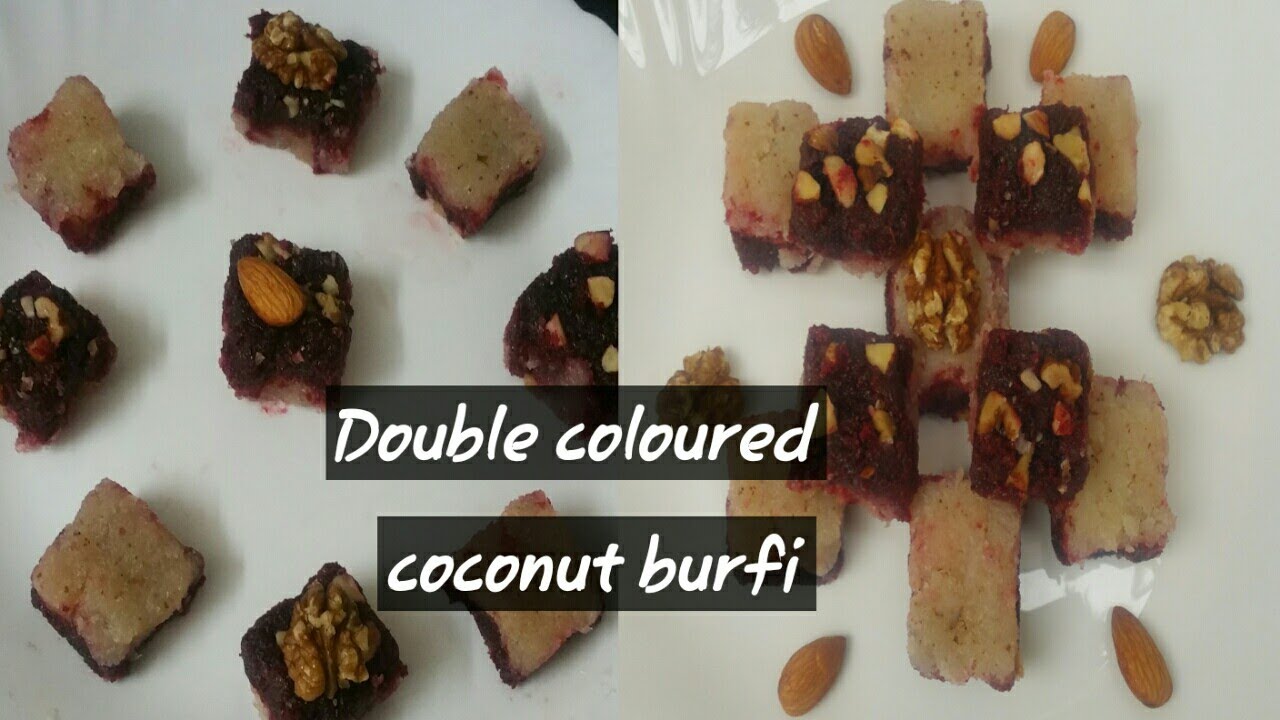 Double colour coconut burfi with no artificial colours/இரண்டு நிற ...