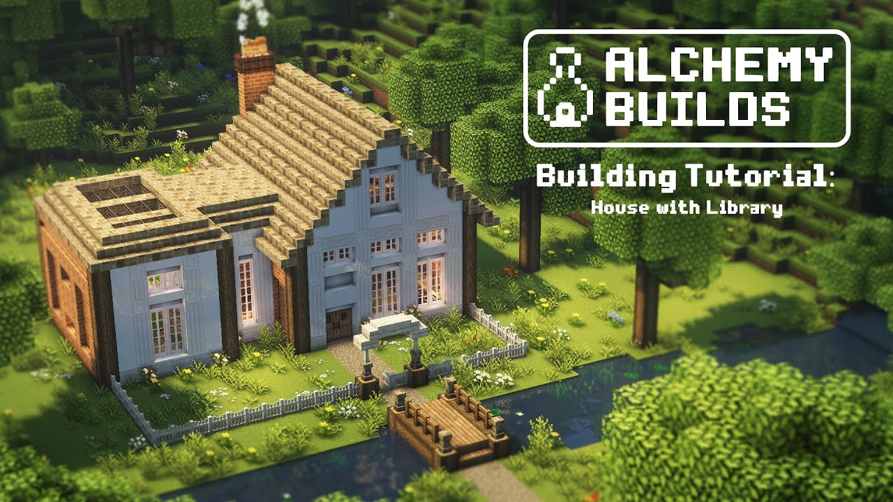 Minecraft House Building Tutorial - Cottage with Loft and Library - YouTube