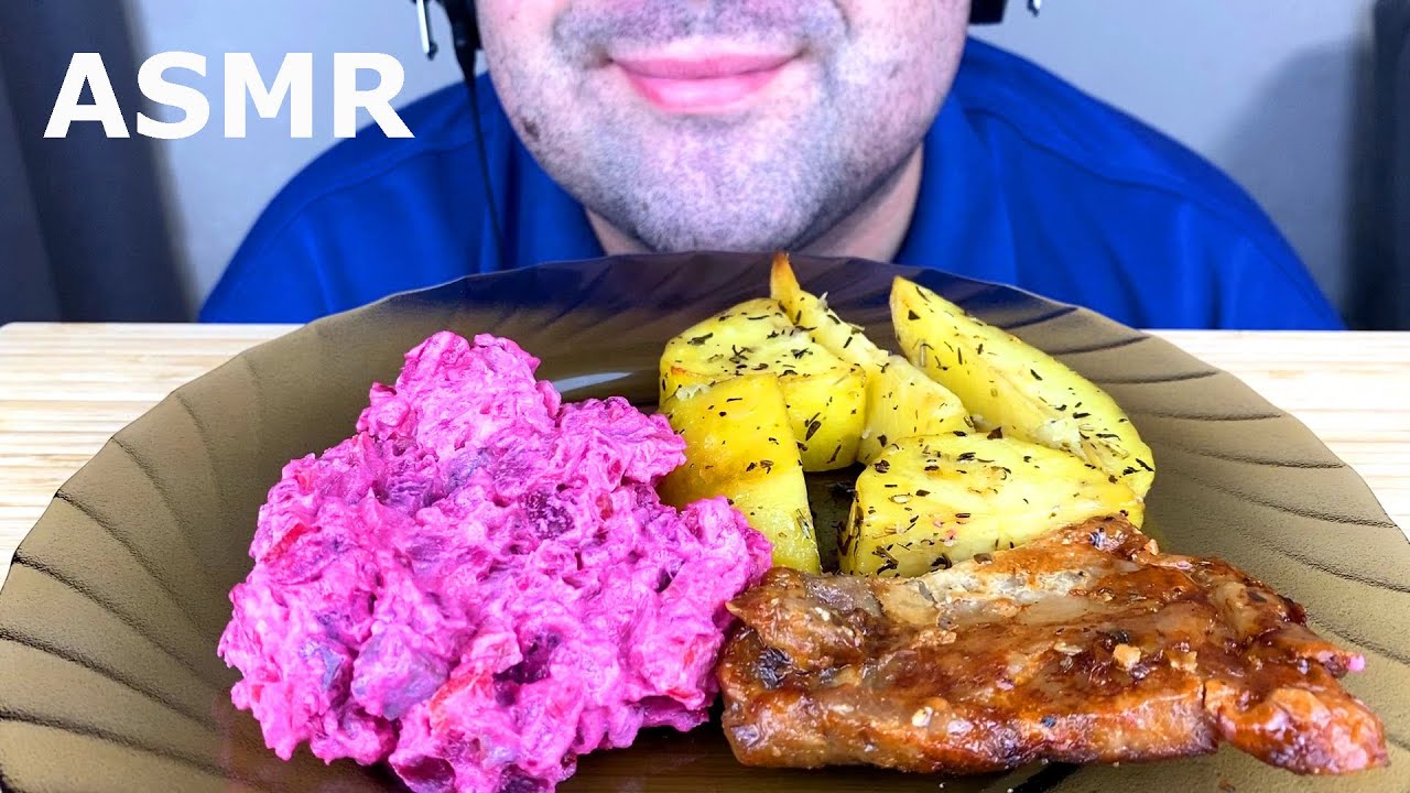 ASMR EATING HOMEMADE RUSSIAN FOOD MUKBANG (PORK STEAK, SHUBA SALAD ...