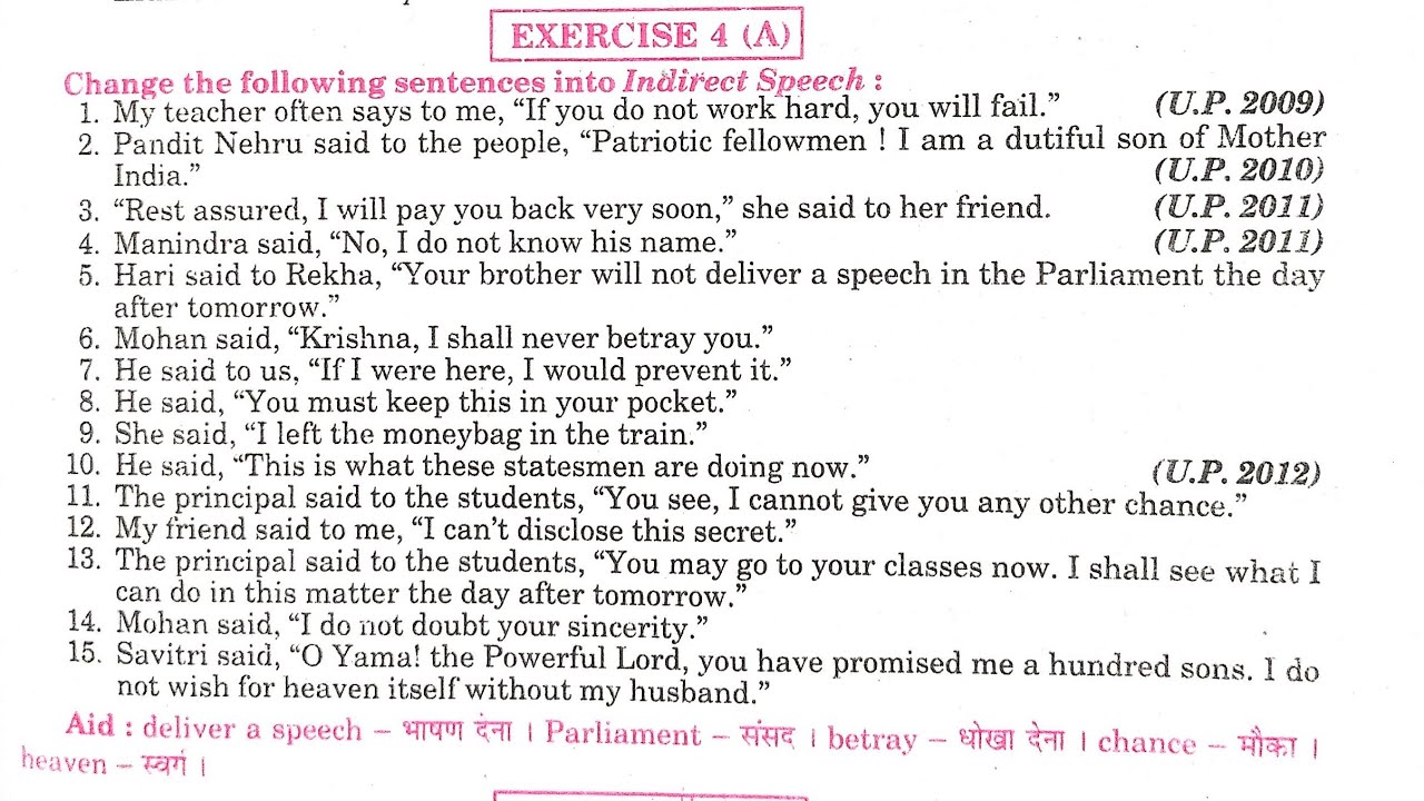 Direct and Indirect speech class 12 | exercise 4a class | change into ...