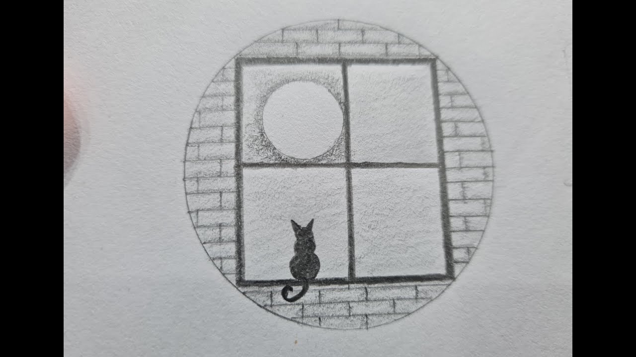 how to draw cat sitting in the window in moon light pencil sketching ...