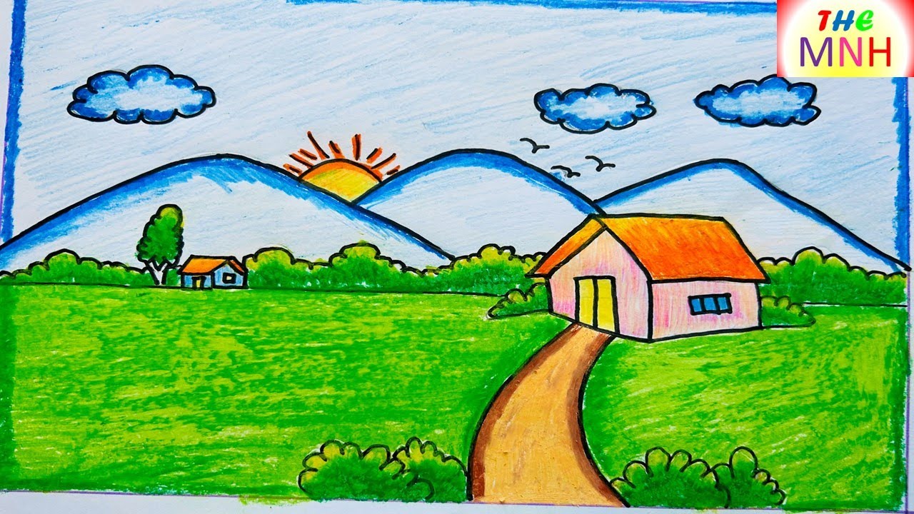 Village Scenery Drawing & Painting Very Easy & Simple - YouTube