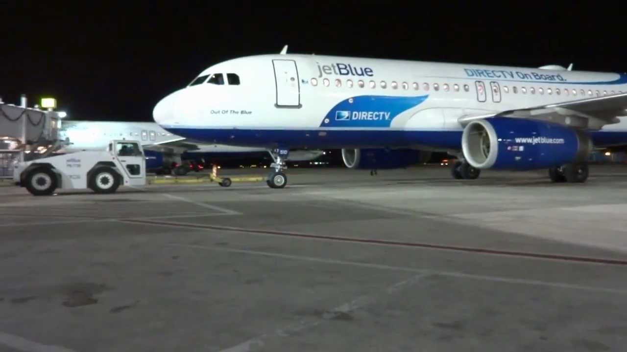 JetBlue Airways A320 Airbus (DIRCTV On Board Plane) night time Pushback ...