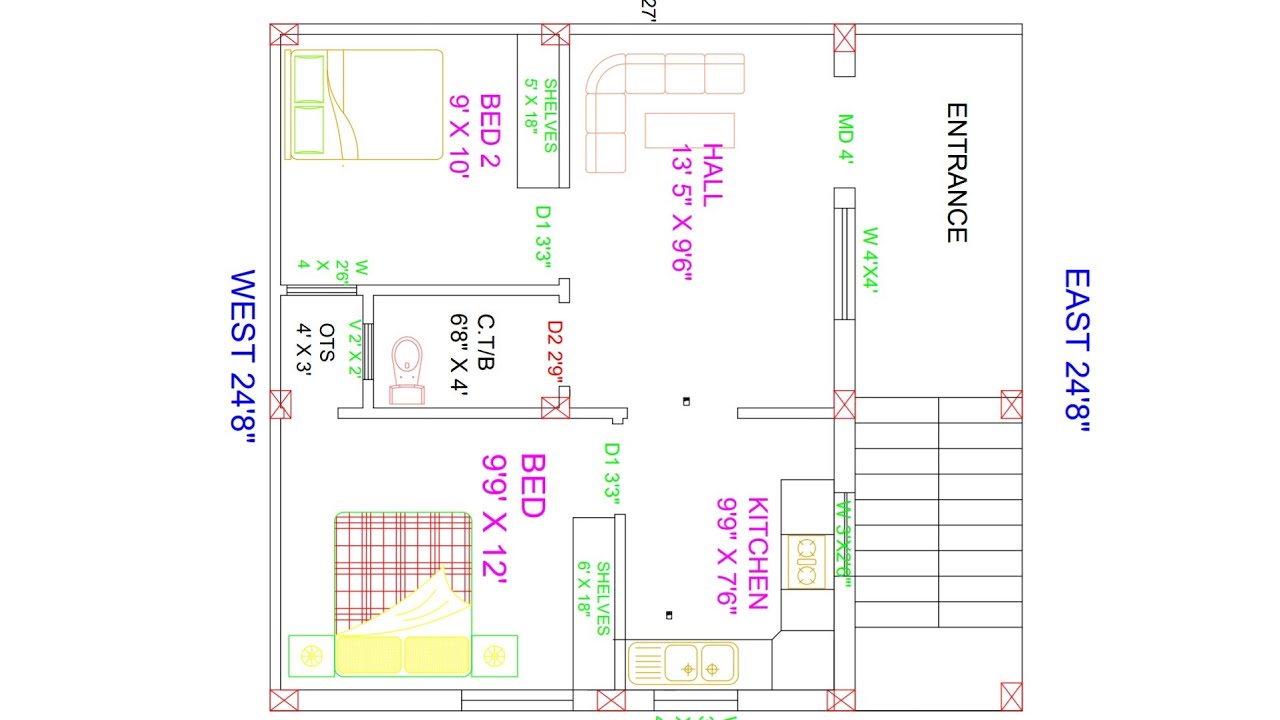 24 × 27 east face 2bhk house plan with furniture design - YouTube