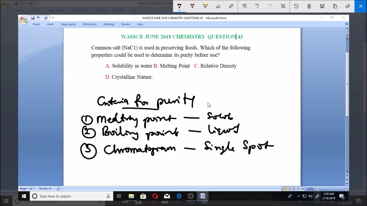 WAEC CHEMISTRY PAST QUESTION 43 Criteria and Test for Purity - YouTube