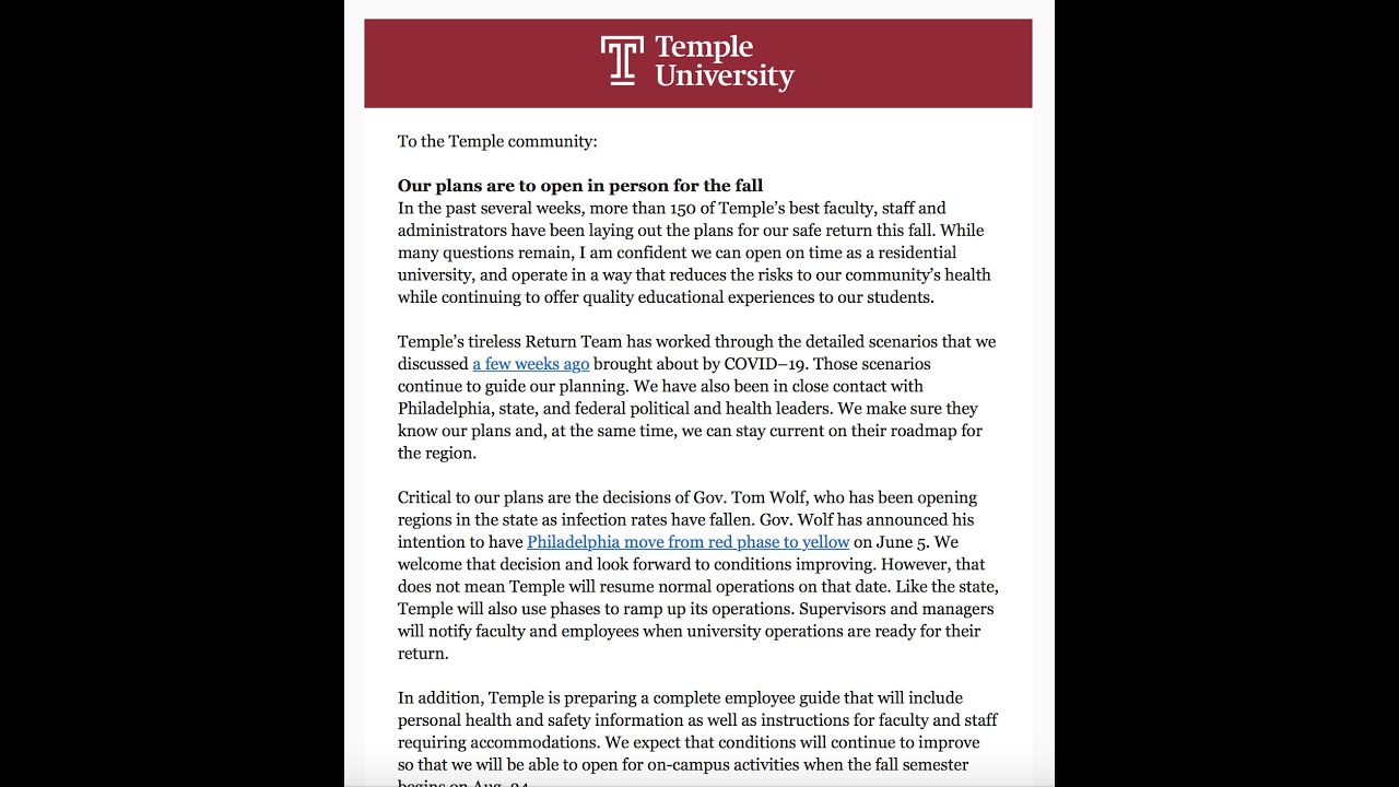 Temple Plans to Reopen for Fall Semester - YouTube