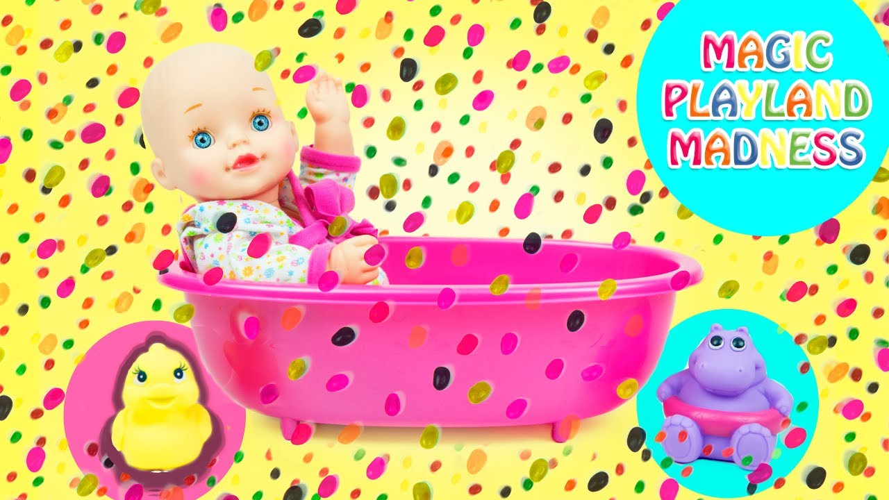 Fun Baby Doll Bath - Surprise Jelly Beans. Colors, Toys, and Bubbles ...