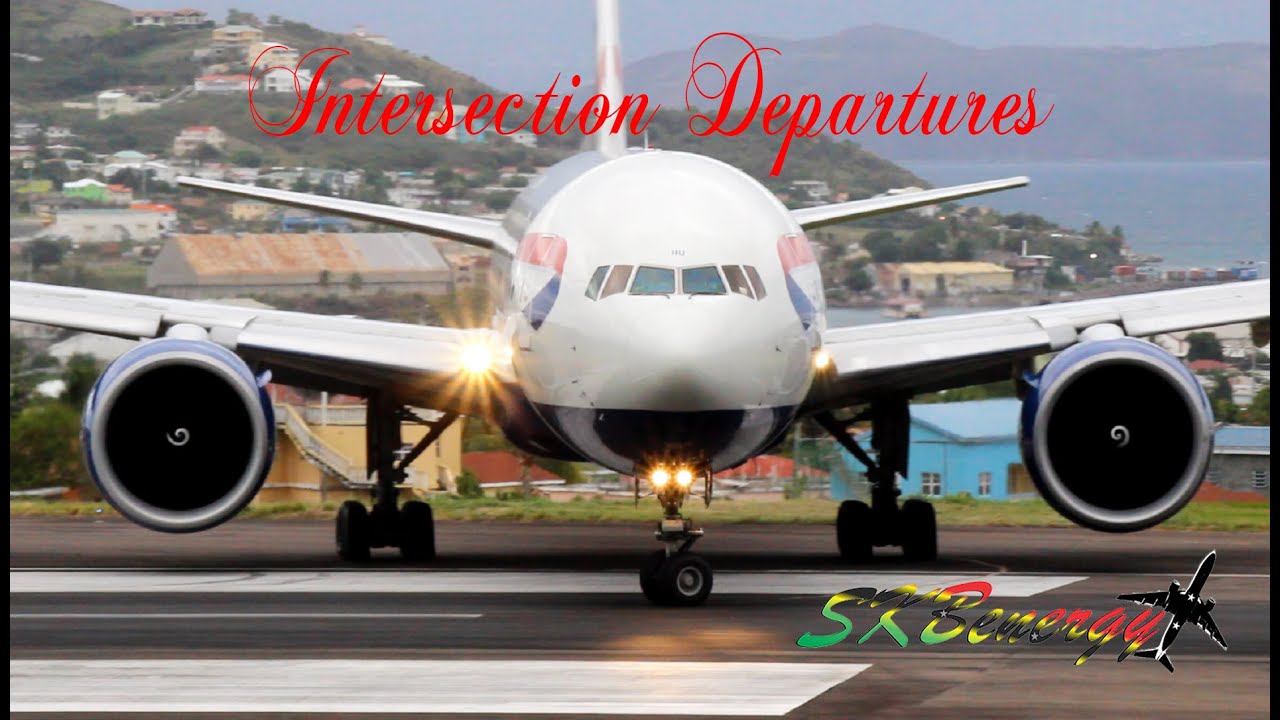 4 Intersection Departures !!! BA 777-200, Dash 8-300, BN-2 Islander ...