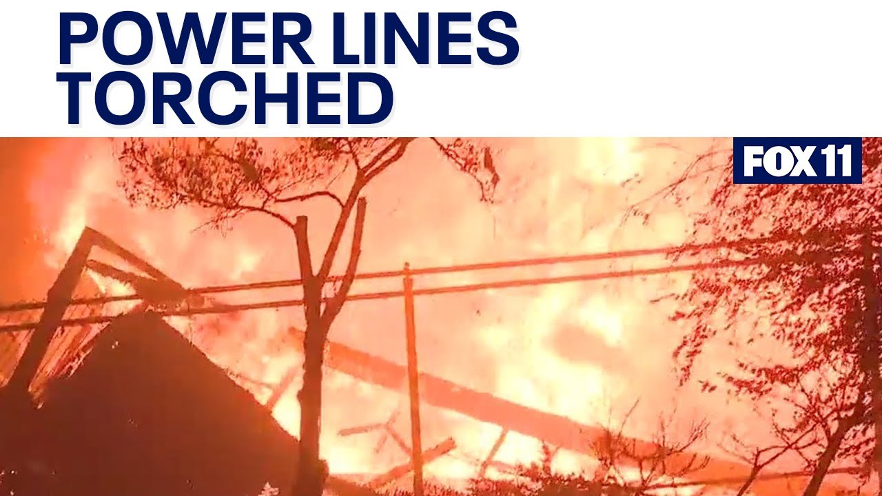 Palisades Fire burns through power lines in California - YouTube