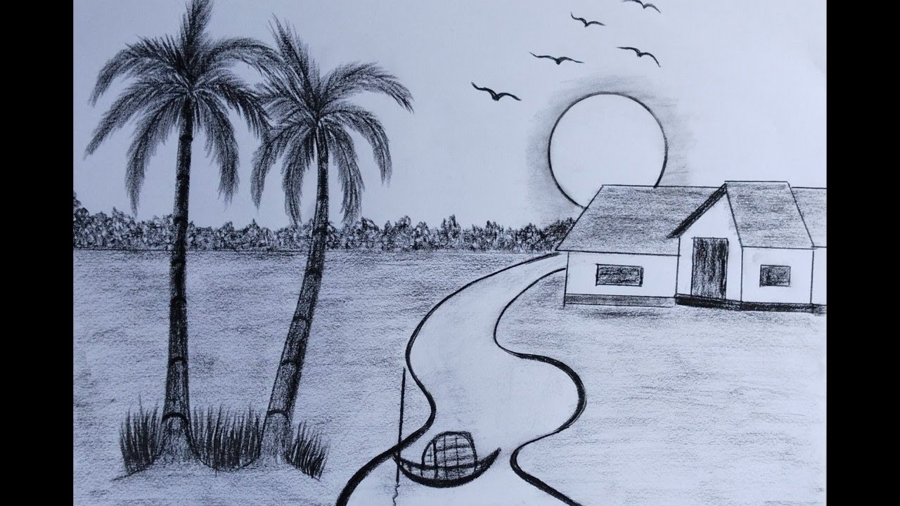 How to Draw Sunset Landscape Scenery with Pencil/Pencil Sketch for ...