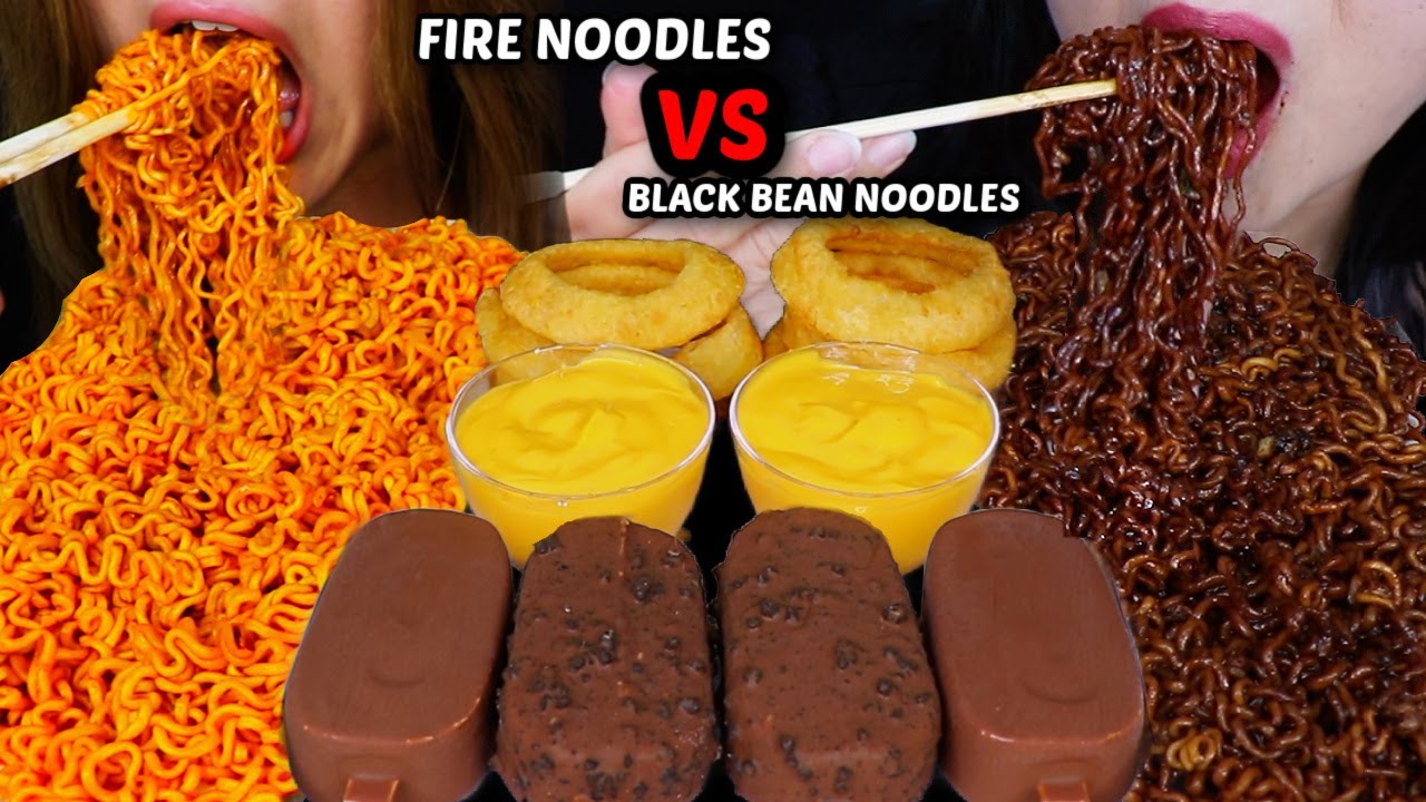 SPICY FIRE NOODLES VS BLACK BEAN NOODLES + CRUNCHY ONION RINGS with ...