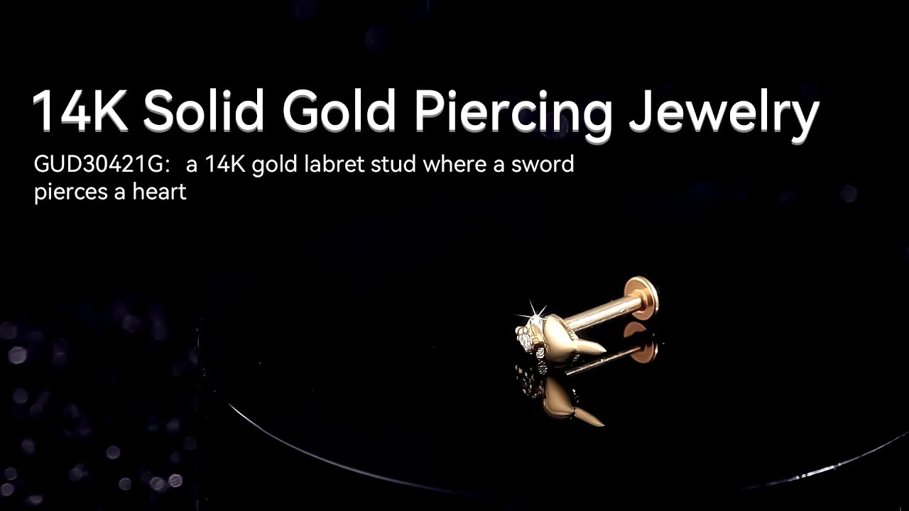 14K Solid Gold Threadless Sword Through Heart Labret Stud with CZ Stone ...