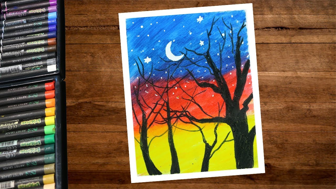 How to Draw Moonlight Night Tree Scenery With Oil Pastels - Step By ...