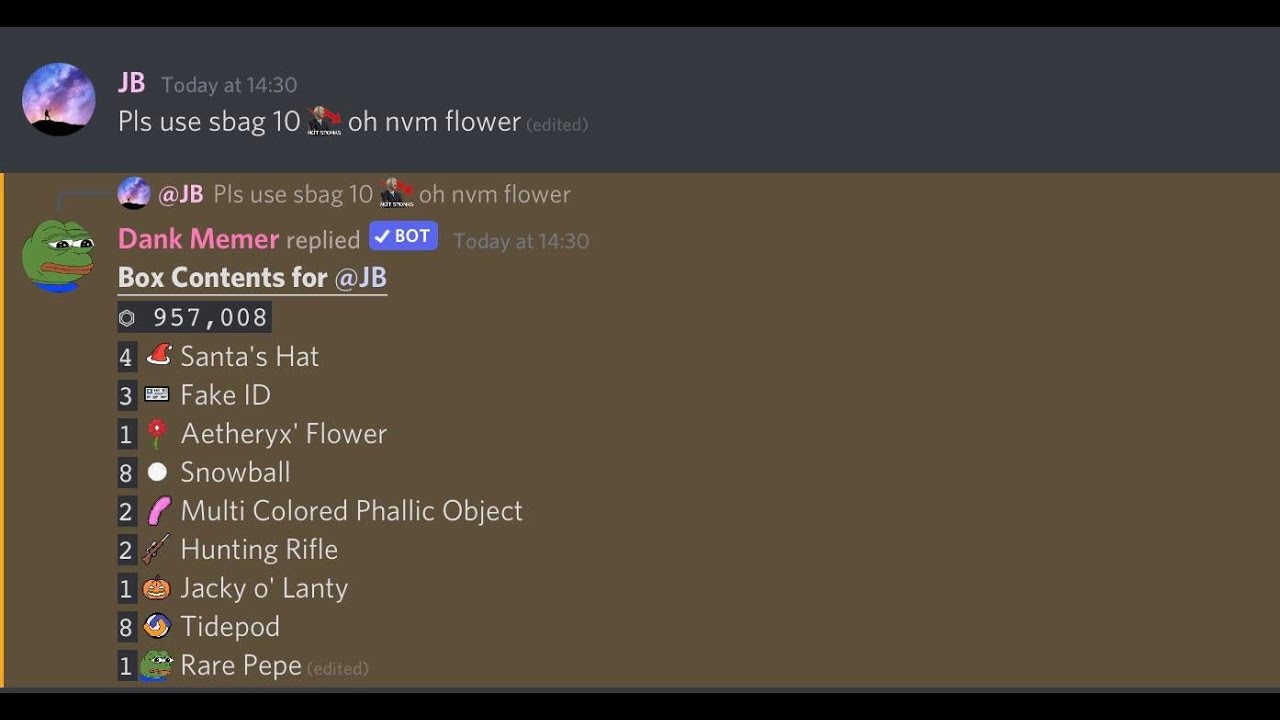 Opening 3 sbags (santa's bag) in dank memer - YouTube