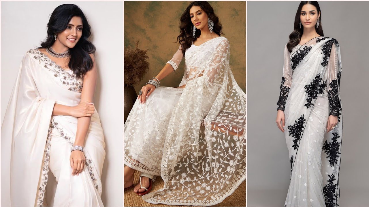 30 best White Saree Designs for girls ||Latest white net saree designs ...