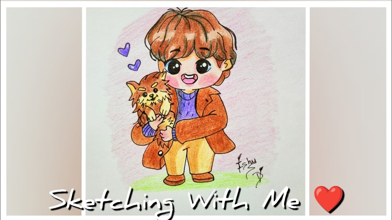 How to draw Cute BTS V 💜with Yeontan🐕Easy Anime #shorts#viral #art# ...