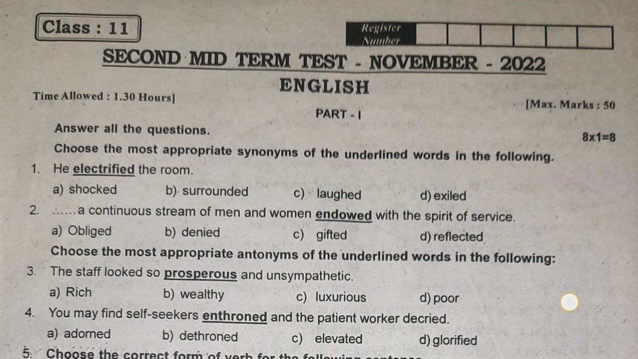 11th english second midterm exam 2023 | Model question paper 2023 - YouTube