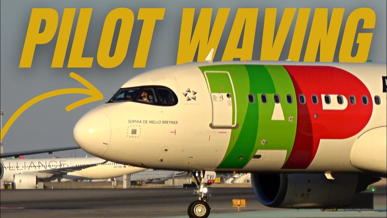 Friendly PILOT WAVING - TAP Air Portugal Airbus A320 NEO Take-off from ...