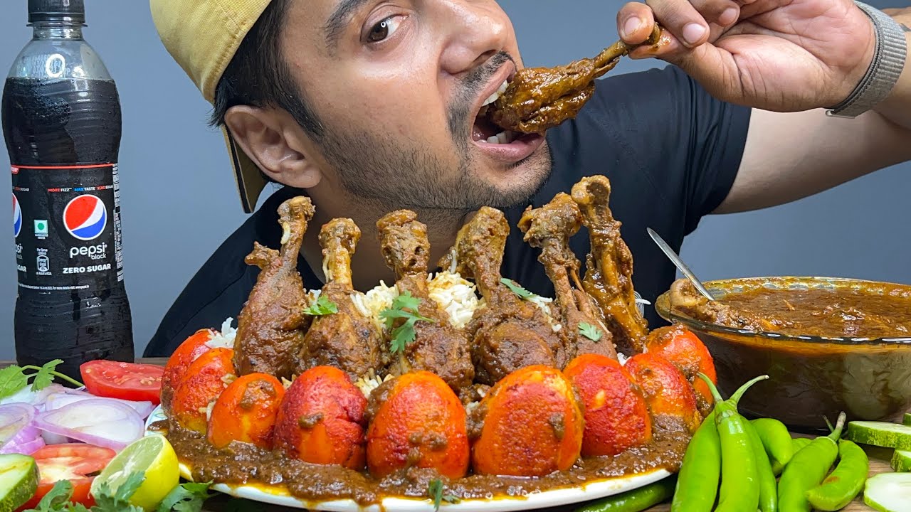 EATING SPICY CHICKEN LEG CURRY WITH EGG CURRY & BASMATI RICE | MUKBANG ...