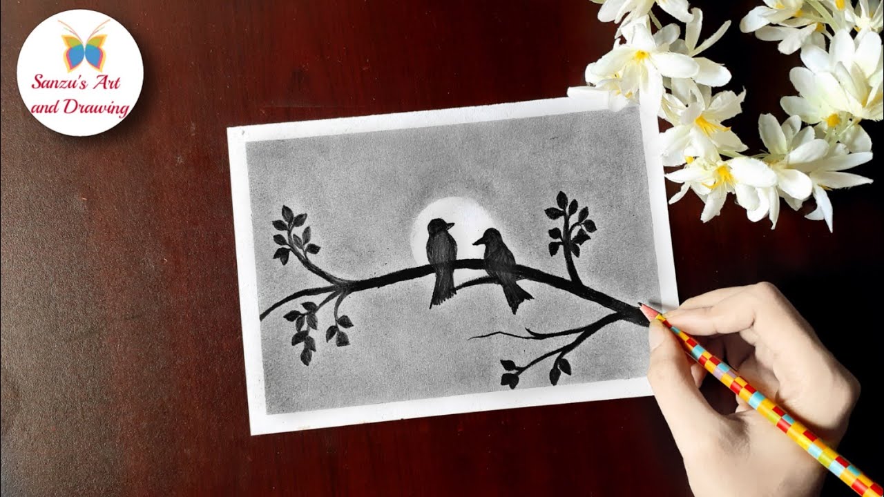 How to Sketch Scenery of Sunset with birds step by step (easy draw ...