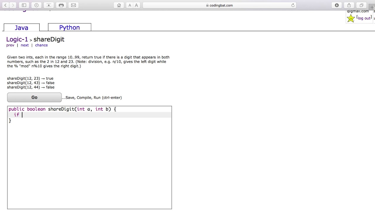 Logic 1 Sharedigit Java Tutorial Codingbat Com Youtube