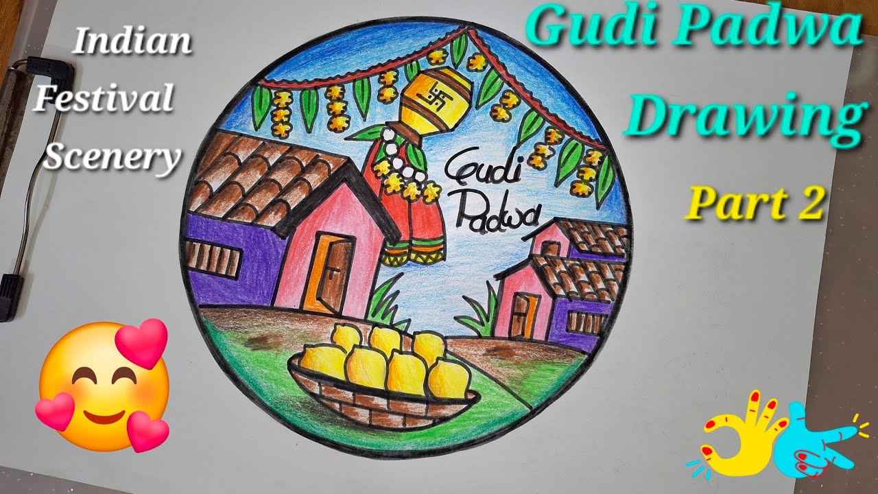 Gudi Padwa Special Drawing |Gudi Padwa Drawing With Pencil Colours ...