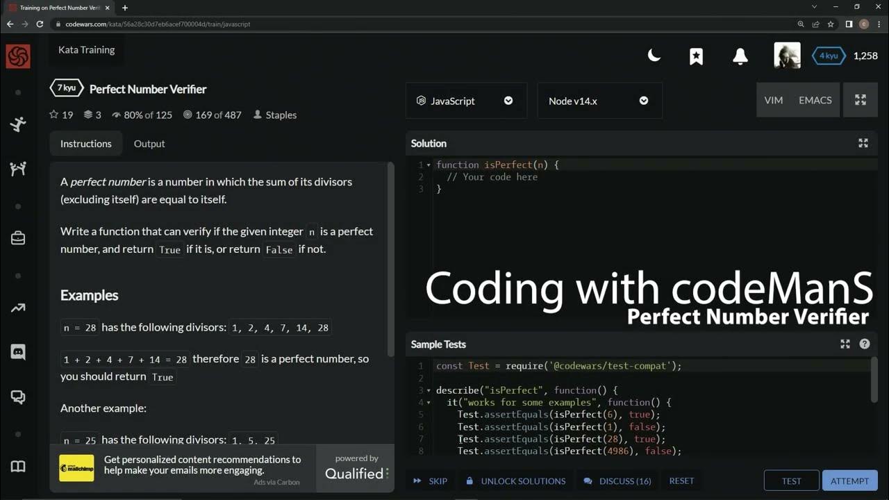 Codewars 7 kyu Perfect Number Verifier Javascript - YouTube