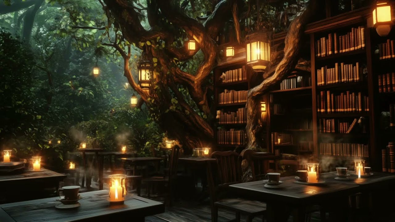 Morning in the Enchanted Library Café | Cozy Books & Rainy Forest ...