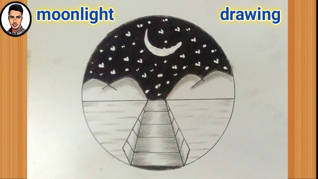 easy moonlight night scenery drawing || mountain and river landscape ...