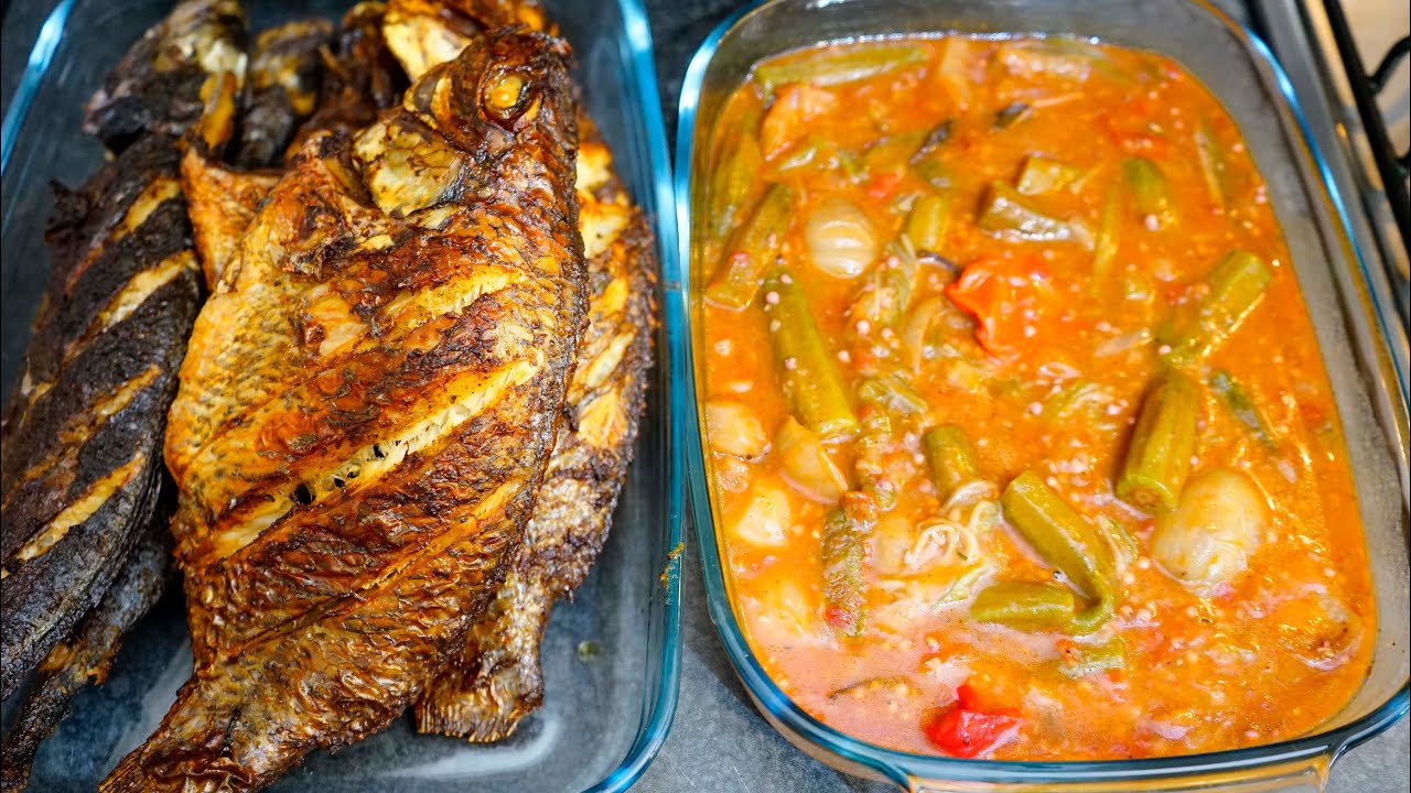 COOK WITH ME OKRA SOUP WITH TILAPIA AND THOMSON FISH - YouTube