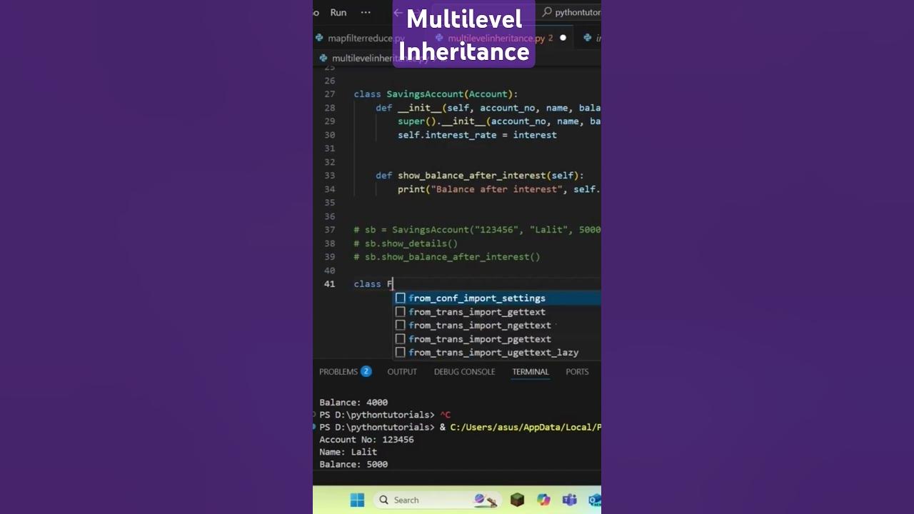 Multilevel Inheritance in Python in 60 seconds #pythontutorial #pythonfullcourse #pythonshorts ...