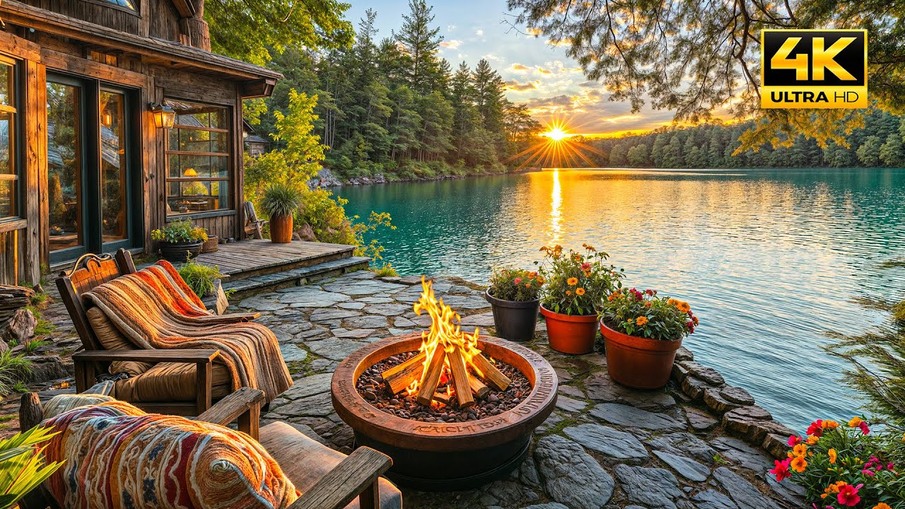 Peaceful Spring Lakeside Escape in 4K: Crackling Fire Pit. Relaxing ...