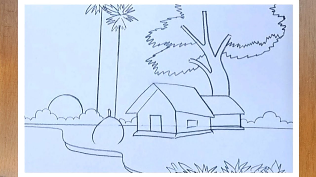 Easy Village Scenery Drawing with Pencil / Gramer Dissho drawing - YouTube