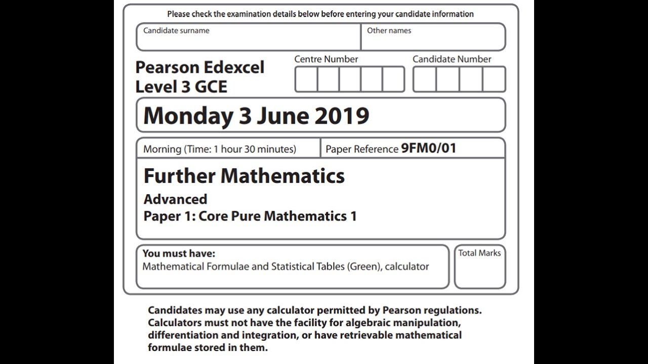 Core Pure Paper 1 2019 Pearson/Edexcel A level Further Maths - YouTube