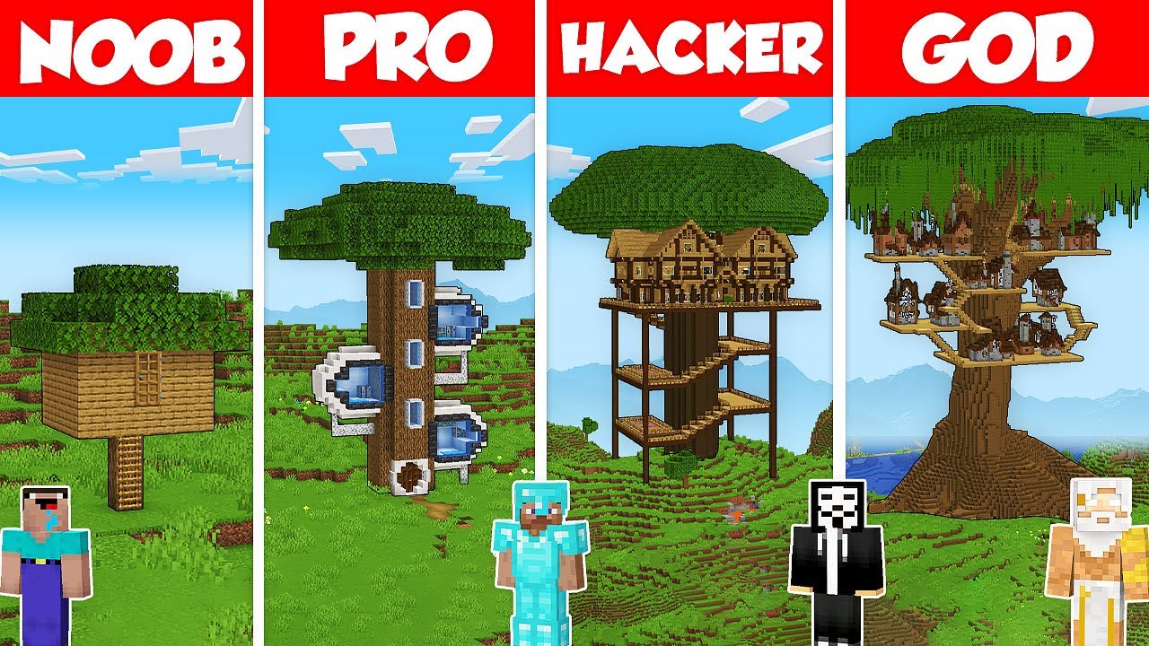 HOUSE INSIDE TREE BASE BUILD CHALLENGE - Minecraft Battle: NOOB vs PRO vs HACKER vs GOD ...
