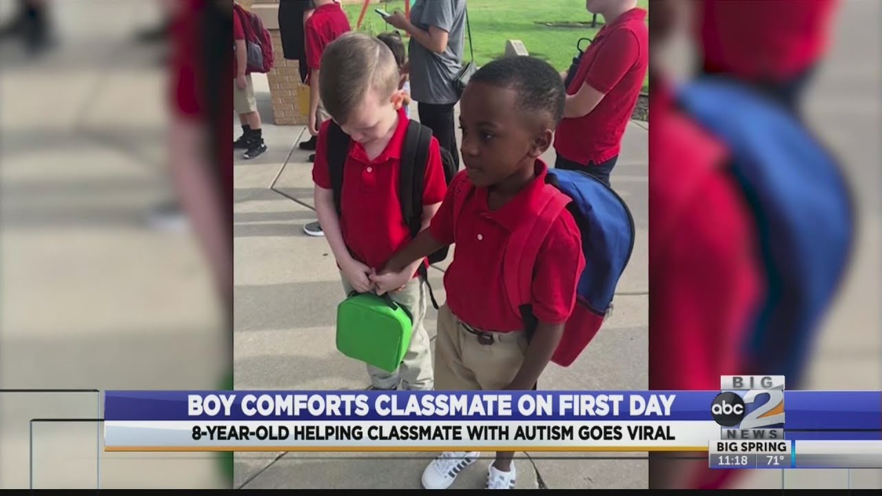 Boy comforts classmate on his first day of school - YouTube