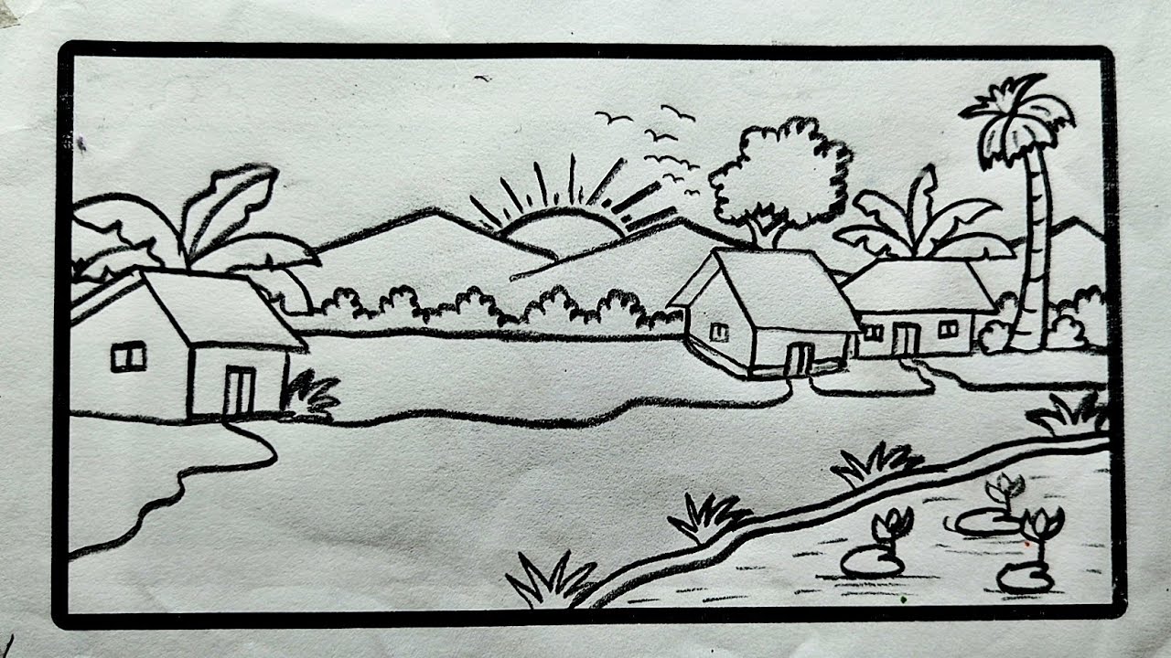 Simple Village Scenery Outline Drawing with Sunrise and Houses - YouTube