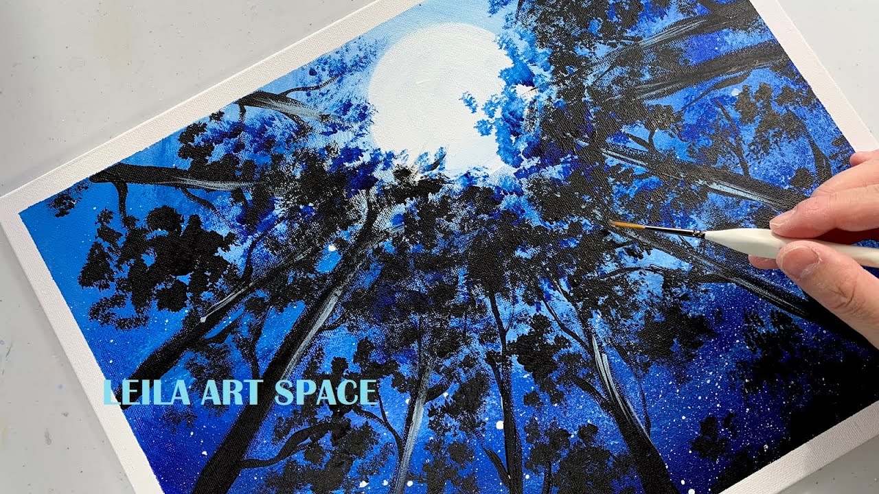 How to paint moonlit trees,Acrylic painting for beginners step by step ...