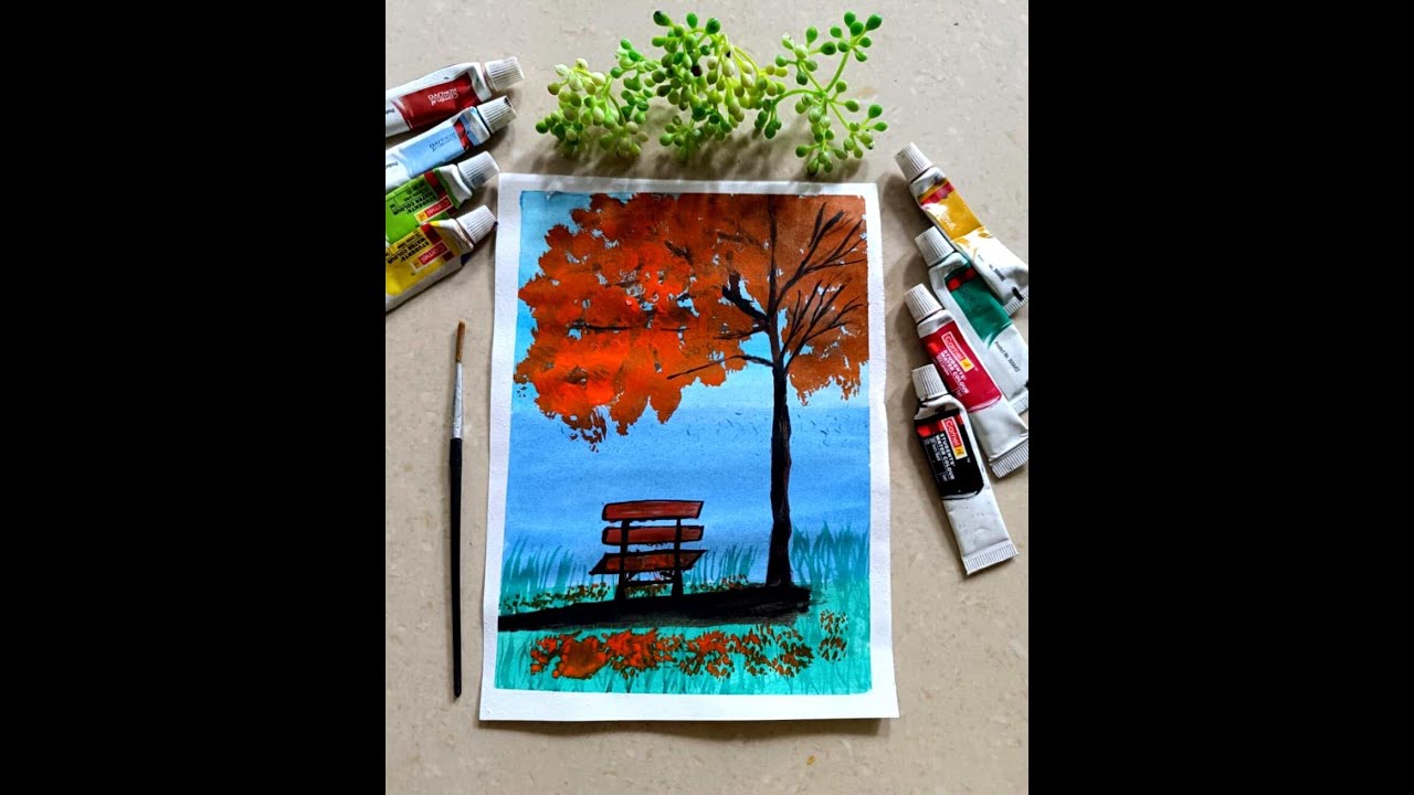 Autumn bench painting / easy painting for beginners step by step # ...