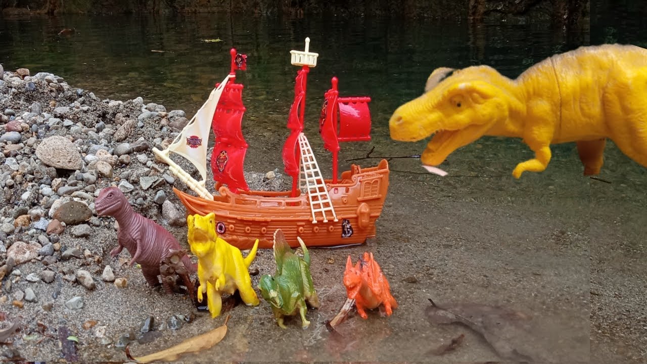 Searching for dinosaurs on a cliff using a sailing ship | Dinosaur toys ...