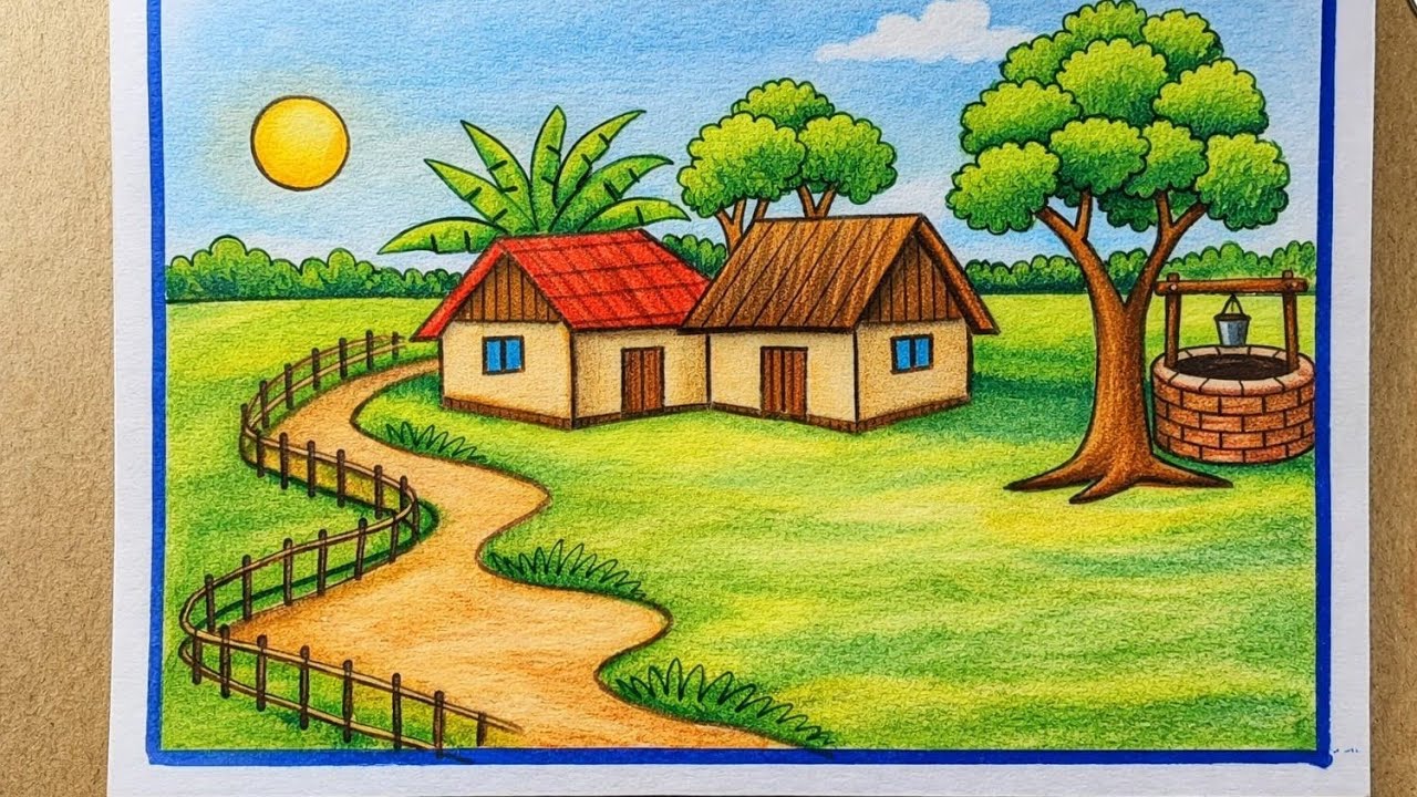 Village Scenery Drawing for Kids and Beginners 🌾 | Color Drawing - YouTube