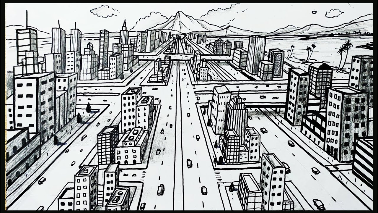 Menggambar Perspektif Pemandangan Kota Tanpa penggaris || Drawing ...