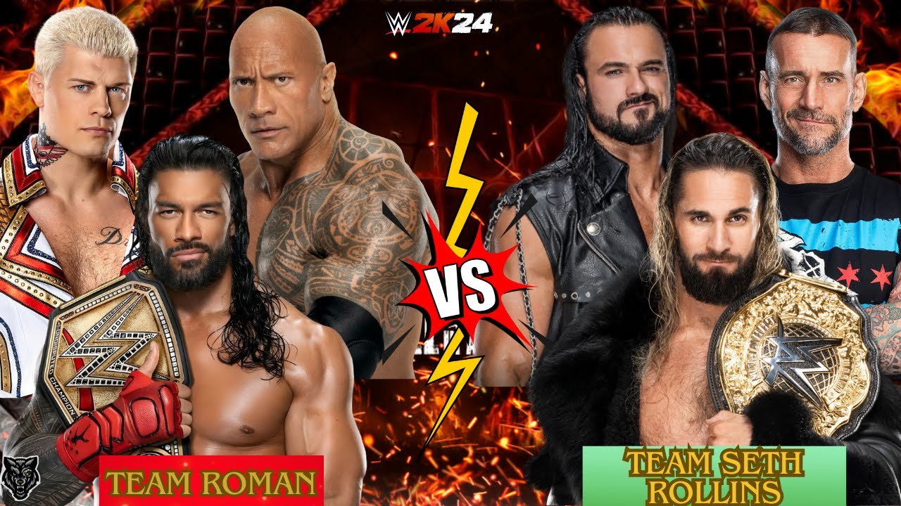 Team Roman The Rock & Cody Rhodes Vs Team Seth Rollins CM Punk & Drew ...